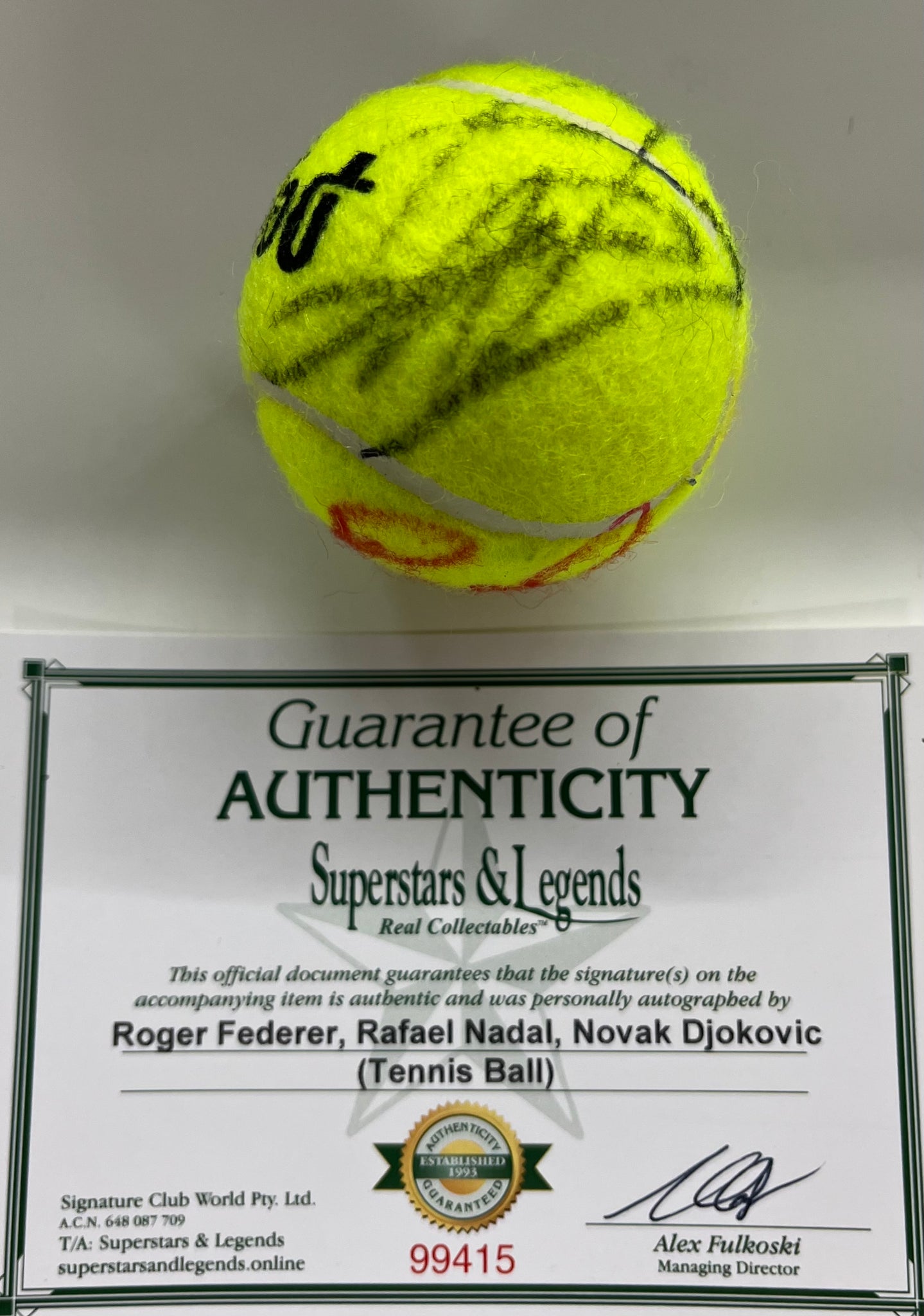 ROGER FEDERER, RAFAEL NADAL & NOVAK DJOKOVIC Signed Tennis Ball in Dis ...