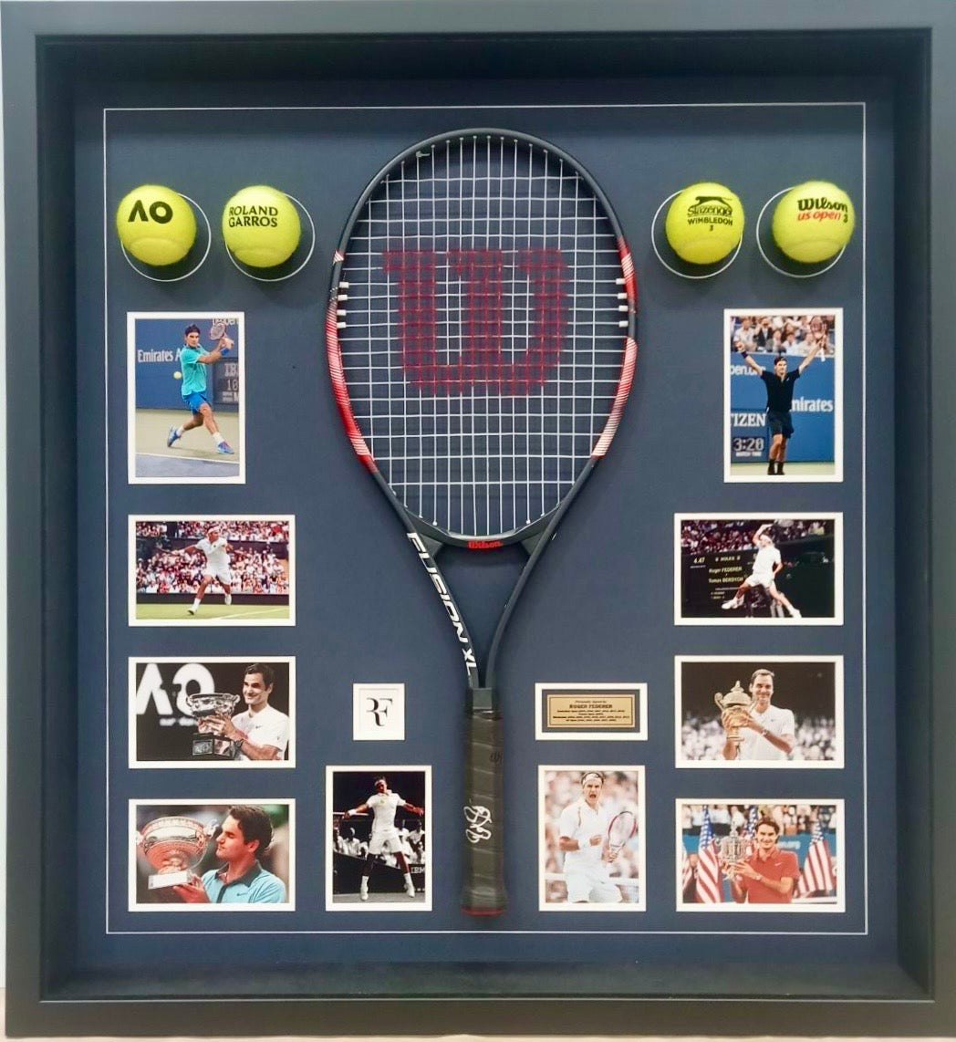 ROGER FEDERER Signed Tennis Racquet Collage Display – Superstars & Legends