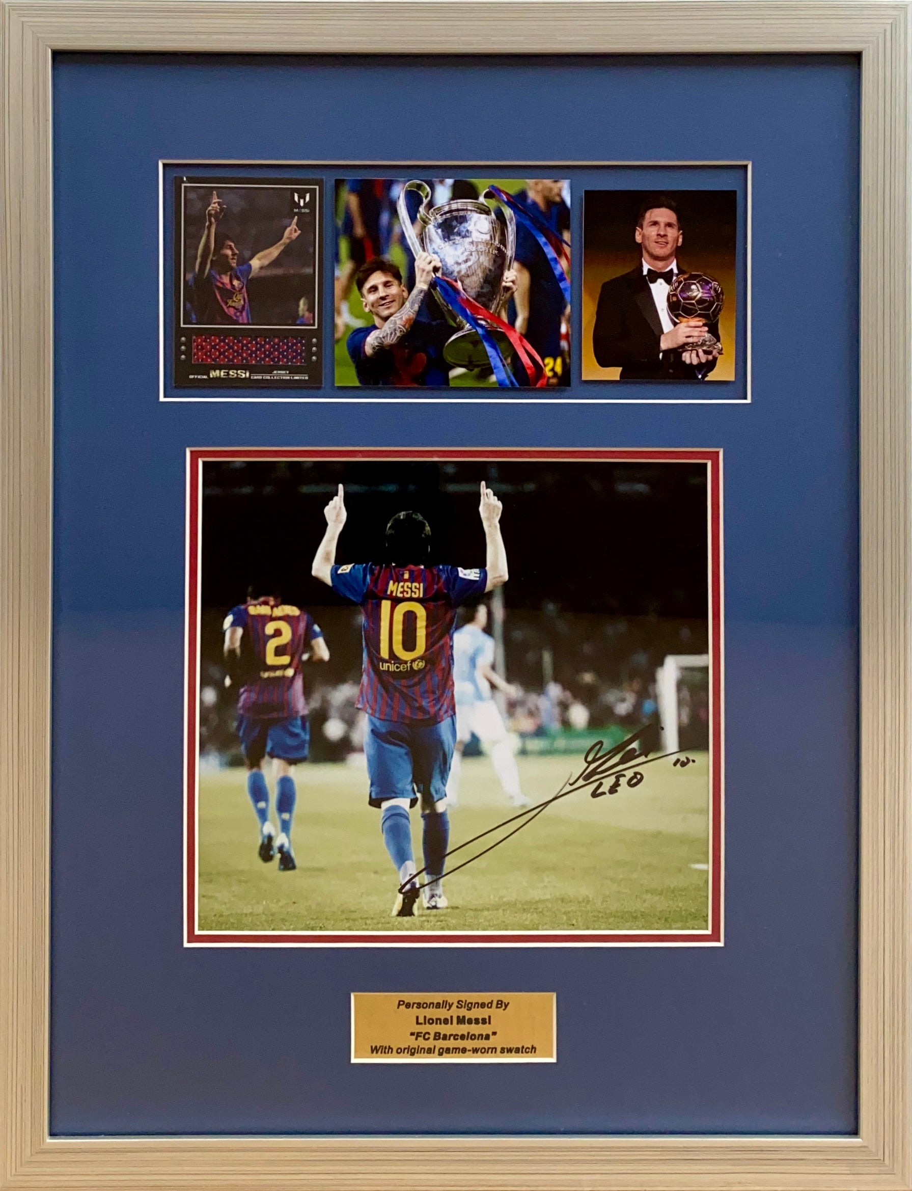 LIONEL MESSI Signed "FC Barcelona" Photo & Swatch Card Collage Display ...